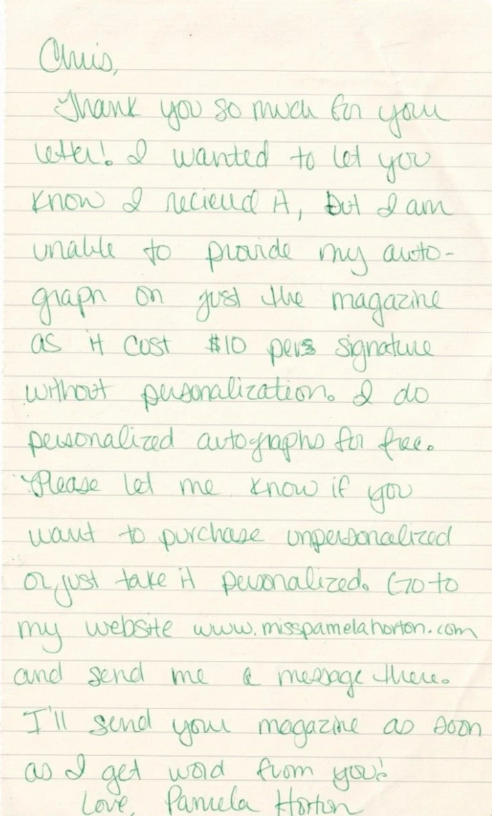 Pamela Horton REAL hand SIGNED handwritten letter ALS Playboy Playmate Oct. 2012 | Autographia