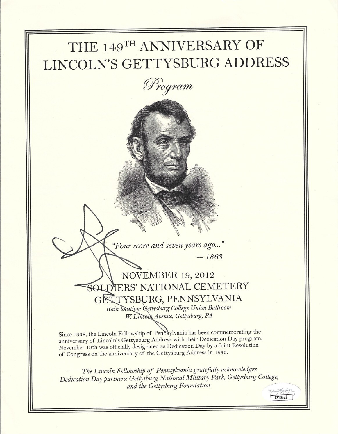 Steven Spielberg SIGNED 149th Gettysburg Address Program JSA LOA ...