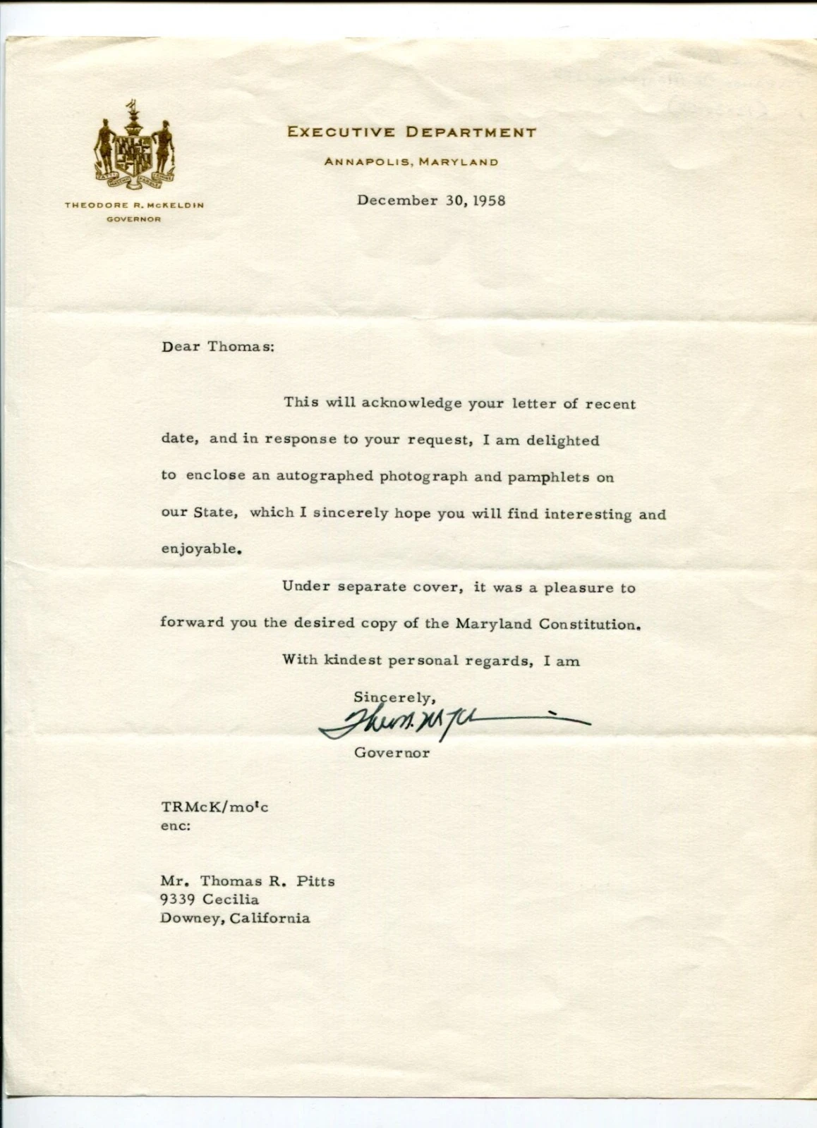 Theodore McKeldin Governor of Maryland Mayor of Baltimore Signed ...