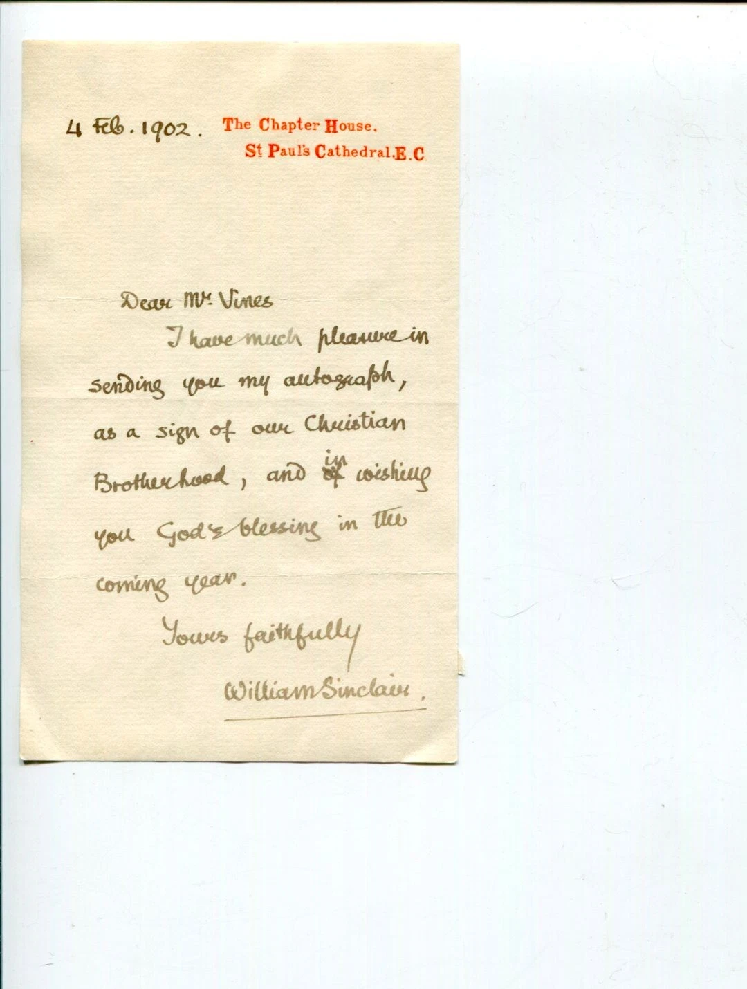 William Sinclair Archdeacon of London Chaplain To King Signed Autograph ...