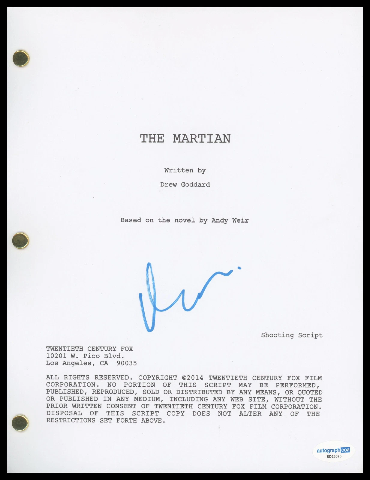 Matt Damon "The Martian" AUTOGRAPH Signed Full Complete Script ...