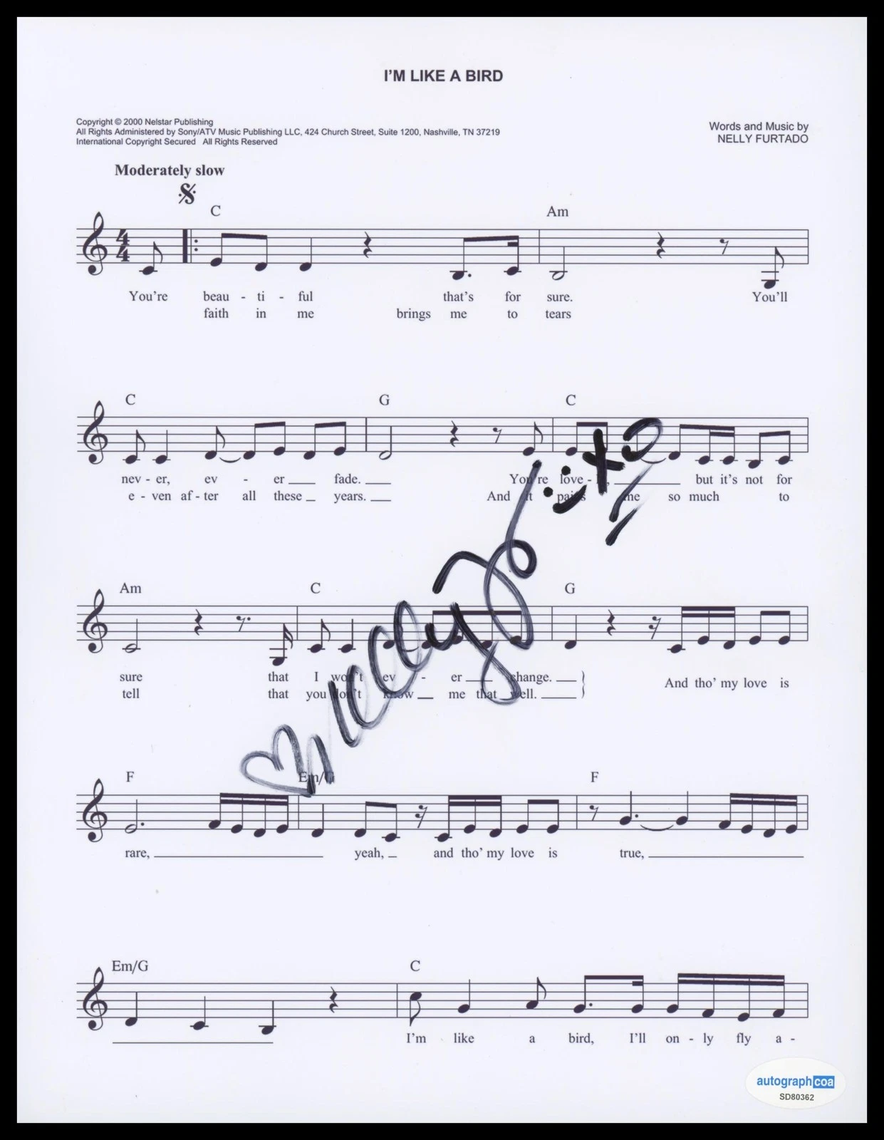 Nelly Furtado "Whoa, Nelly!" AUTOGRAPH Signed 'I'm Like A Bird' Sheet ...