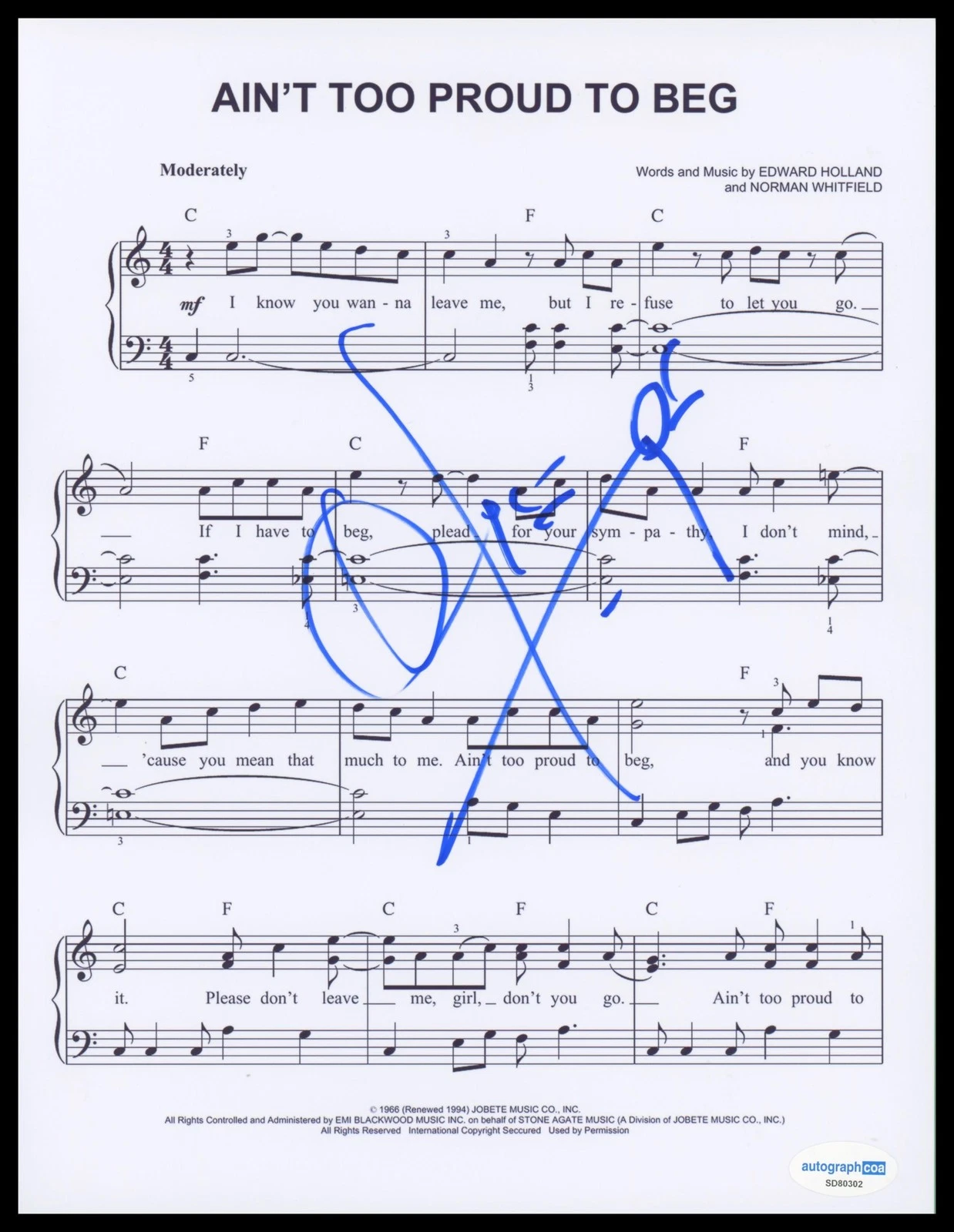 Otis Williams "The Temptations" SIGNED 'Ain't Too Proud to Beg' Sheet ...