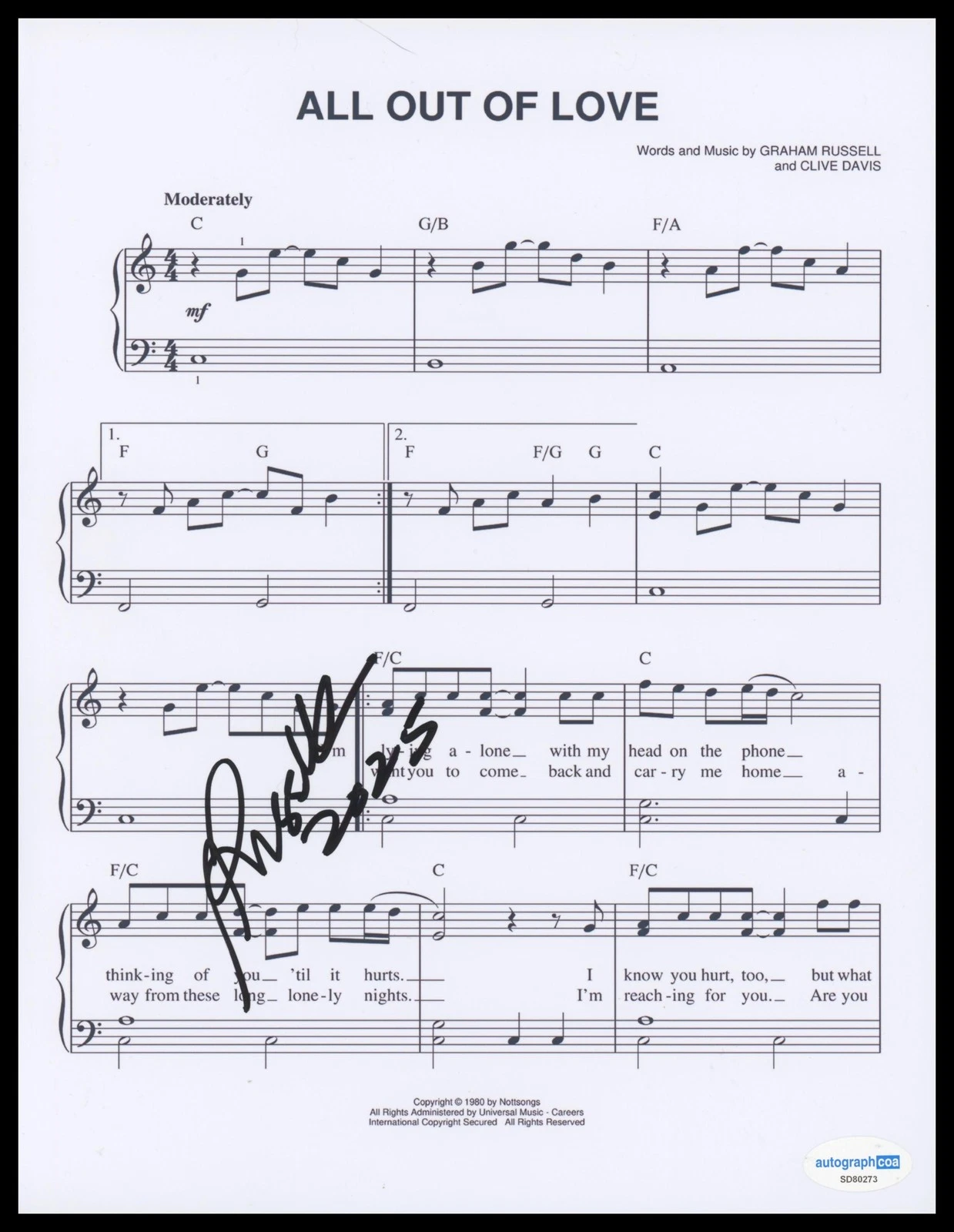 Russell Hitchcock "Air Supply" AUTOGRAPH Signed All Out of Love Sheet ...