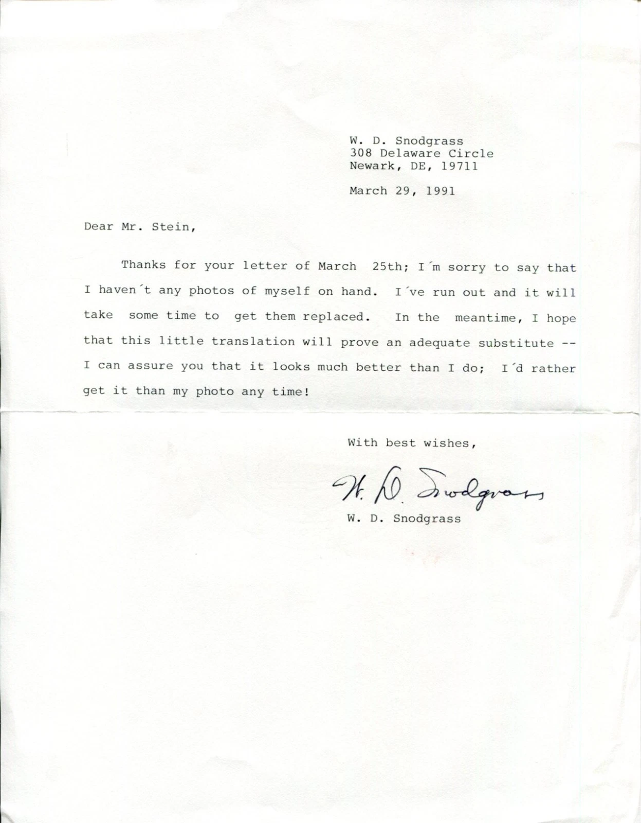 W. D. Snodgrass Pulitzer Prize Poet Heart's Needle Signed Autograph ...
