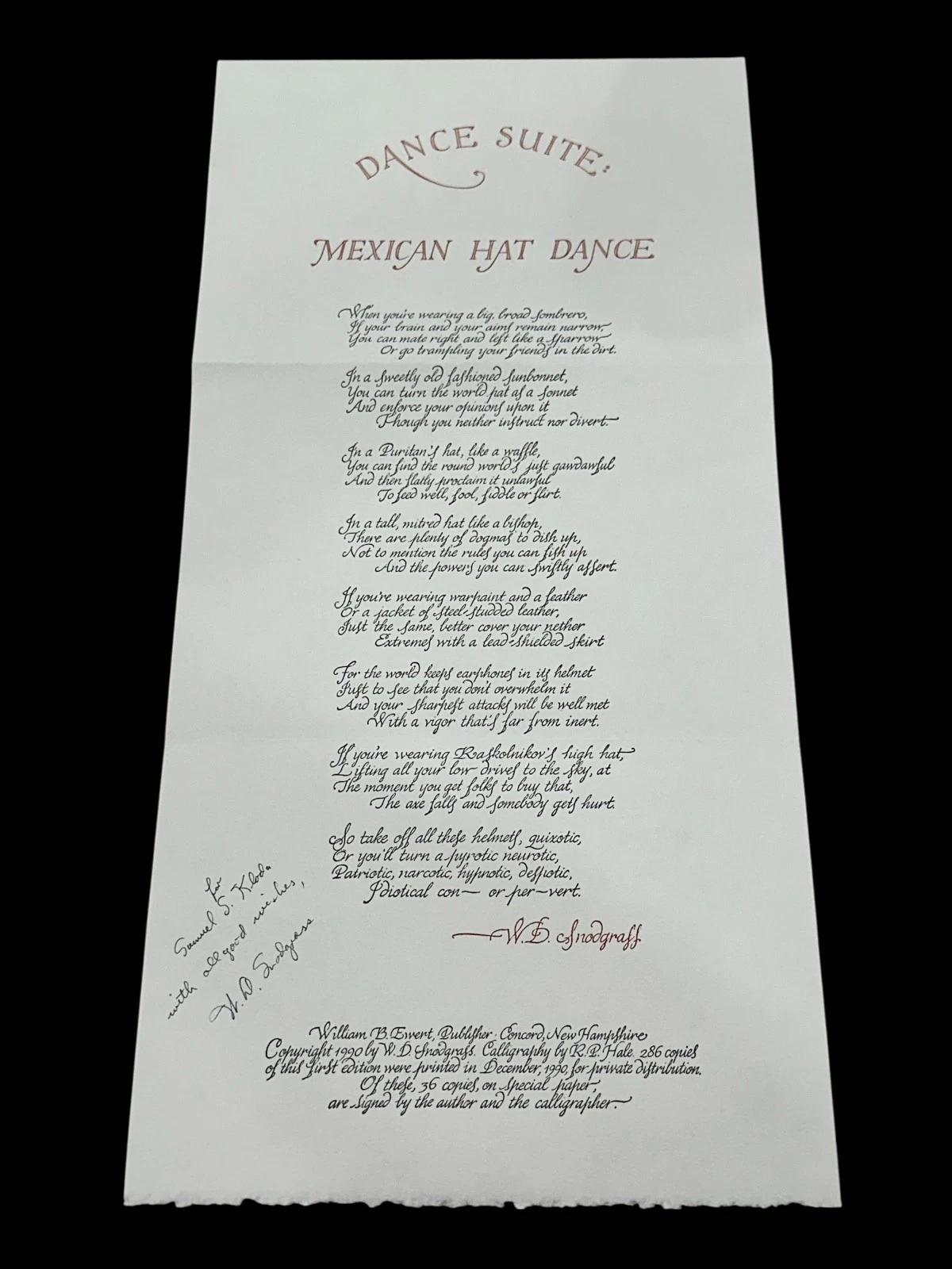 W. D. Snodgrass Pulitzer Prize Poet Signed Autograph Poem Mexican Hat ...