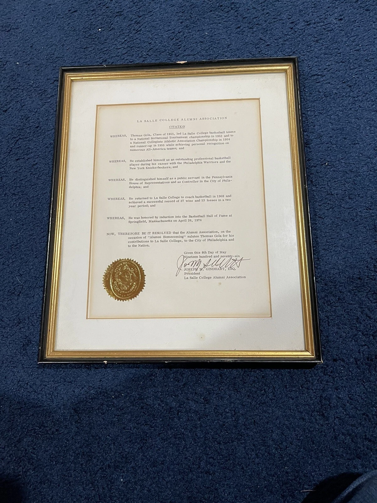 Personally Owned Tom Gola Award 1976 Lasalle College Salutation Award | Autographia