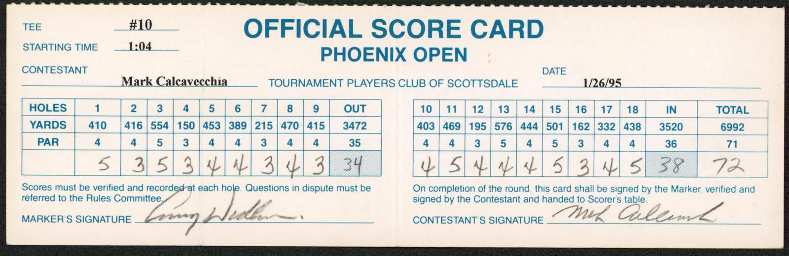 Mark Calcavecchia & Lanny Wadkins Signed 95 Phoenix Open Score Card BAS ...