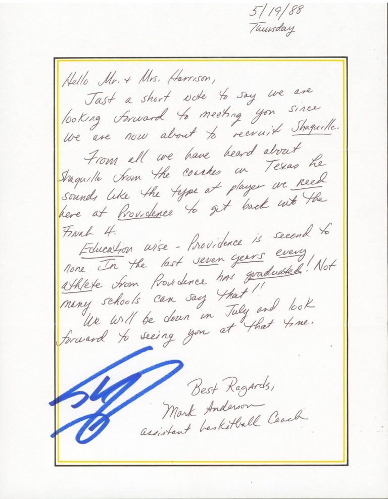 Shaquille O'Neal Signed 1988 Providence Handwritten Recruitment Letter ...