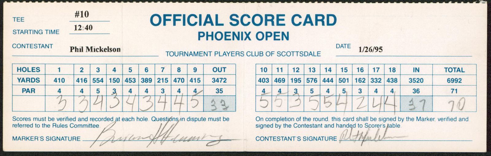 Phil Mickelson & Brian Henninger Signed 1995 Phoenix Open Scorecard BAS ...