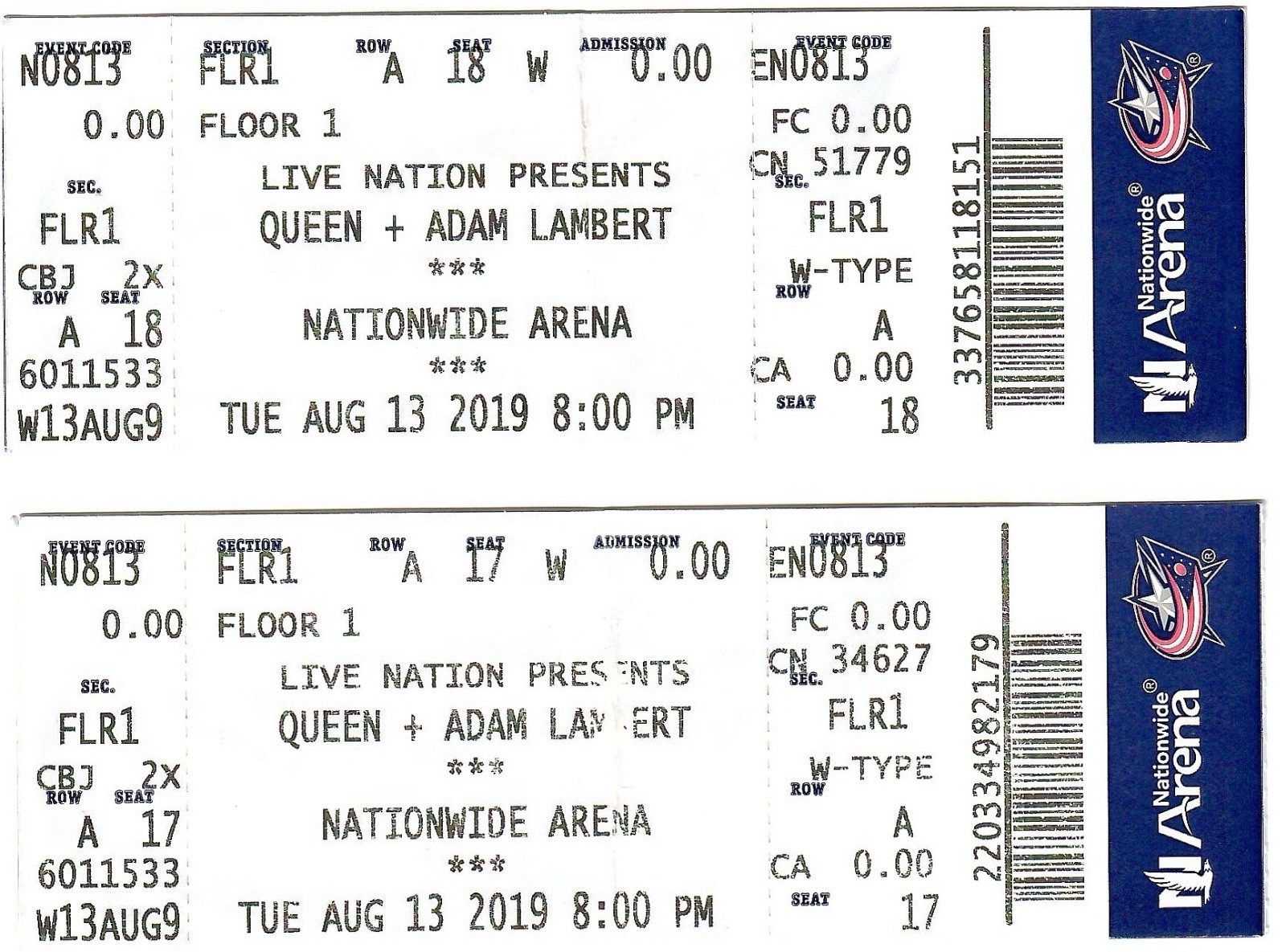 QUEEN LOT OF 2 USED TICKETS FROM 2019 COLUMBUS OHIO CONCERT ADAM ...