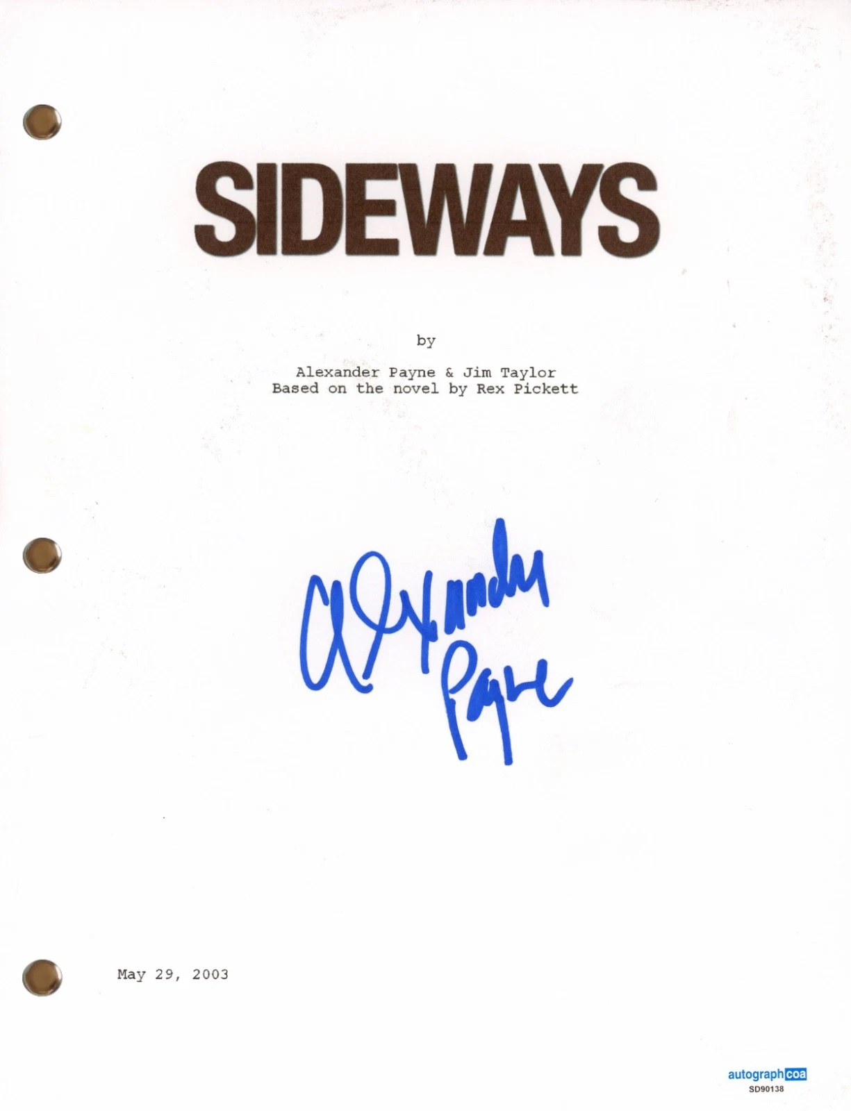 Alexander Payne "Sideways" Signed Autograph Movie Script Full ...