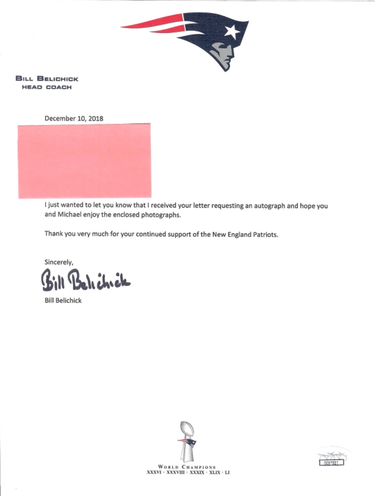 BILL BELICHICK HAND SIGNED 2018 LETTER ON PATRIOTS LETTERHEAD JSA ...