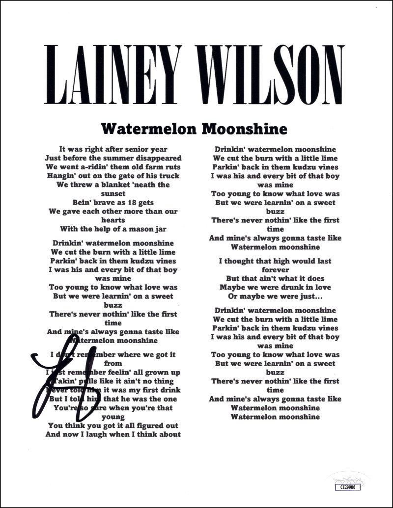 Lainey Wilson Signed Autograph Watermelon Moonshine Lyric Sheet w/ JSA ...