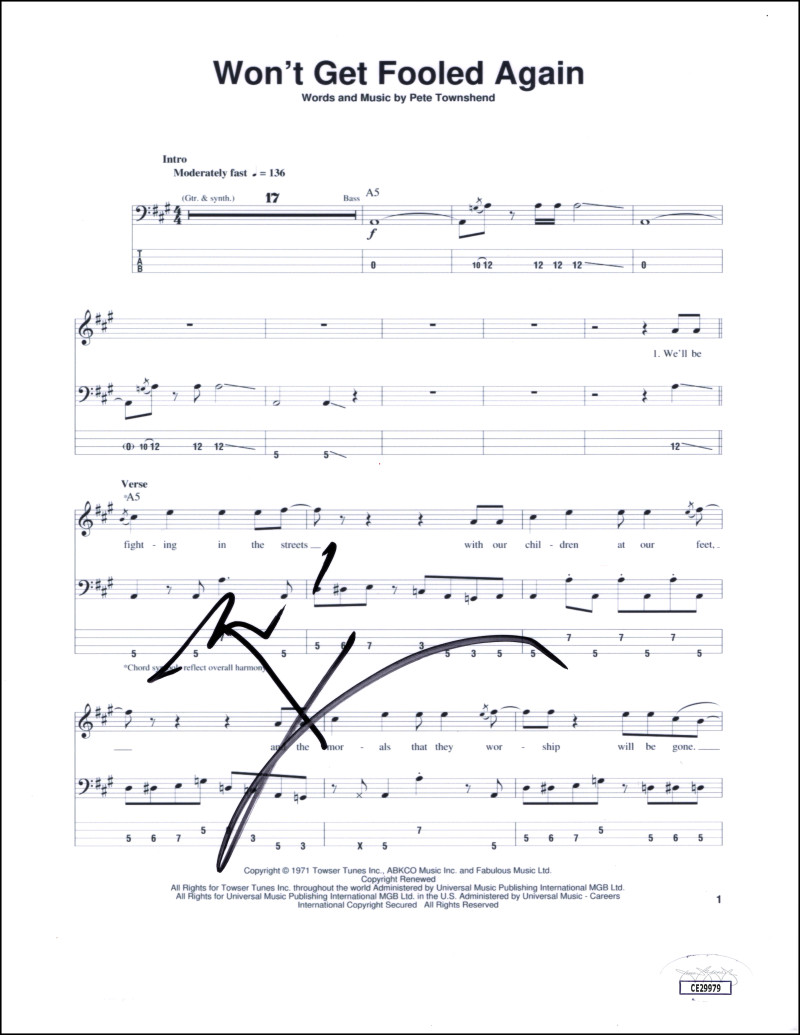 Pete Townshend The Who Signed Autograph Won't Get Fooled Again Sheet ...