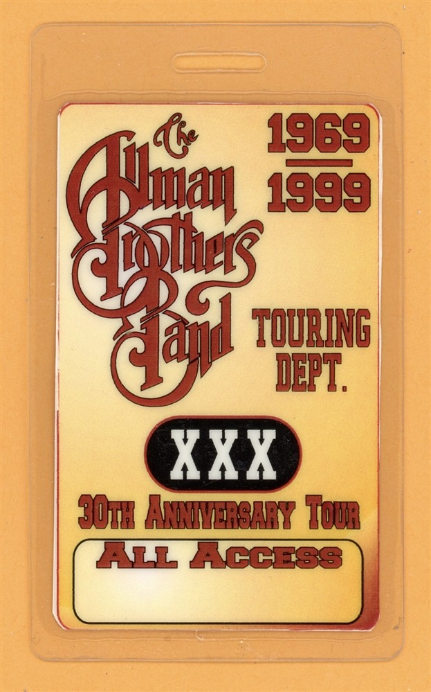 Allman Brothers Band 1999 30th Tour All Access Laminated Backstage Pass ...