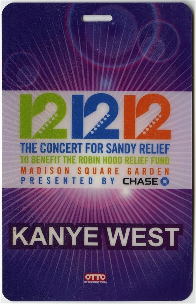 Kanye West 12/12/12 Concert for Sandy Relief Laminated Backstage Pass ...