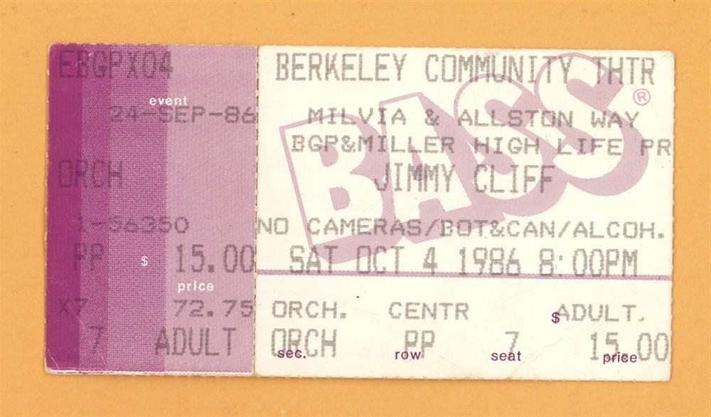 Jimmy Cliff @ Berkeley Community Theatre Ticket Stub - 1986 Club ...