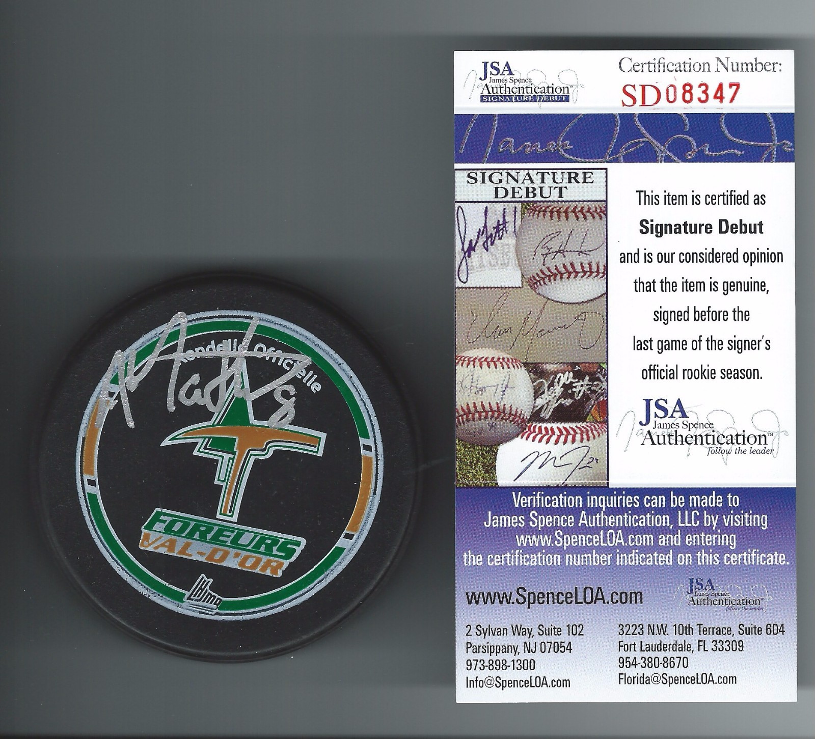 ANTHONY MANTHA SIGNED VAL-D'OR FOREURS PUCK JSA SIGNATURE DEBUT ...