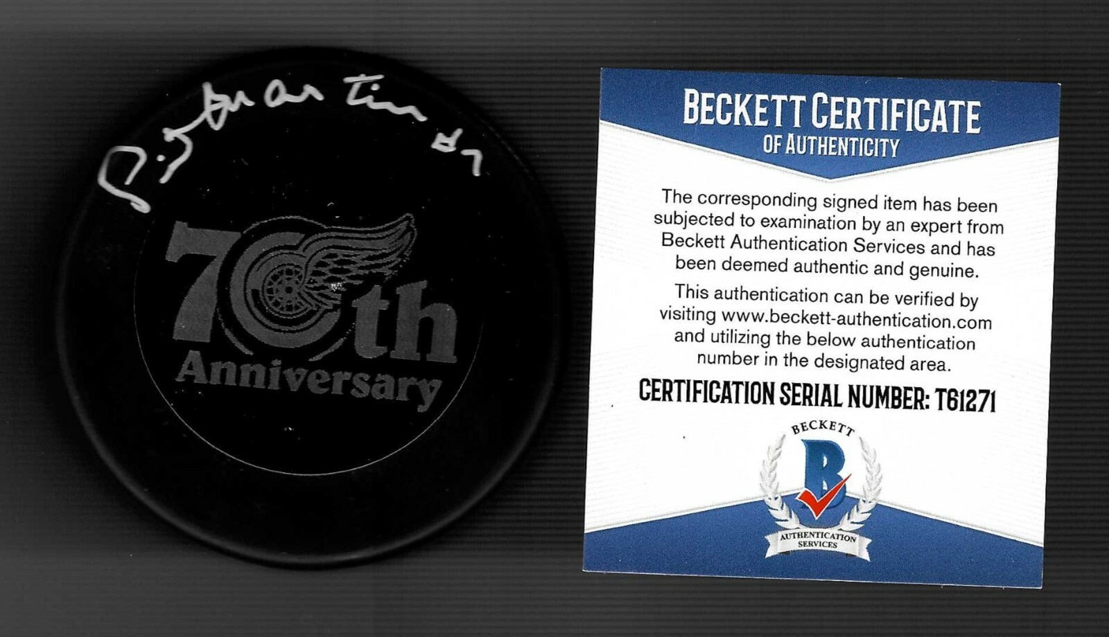 Pit Martin Signed Detroit Red Wings 70th Anniversary Puck Beckett COA ...