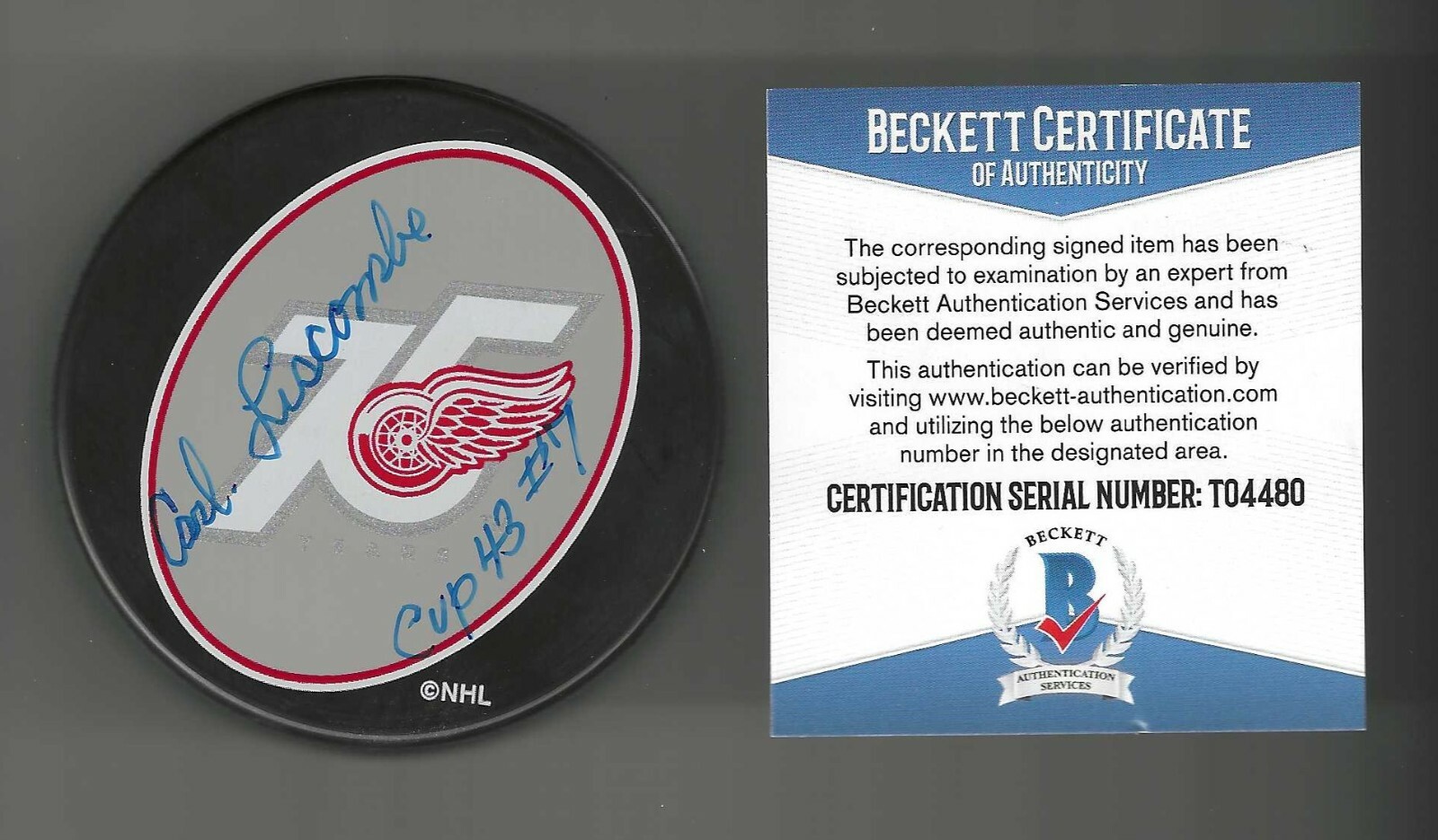Carl Liscombe Signed Inscribed Detroit Red Wings 75th Anniversary Puck ...