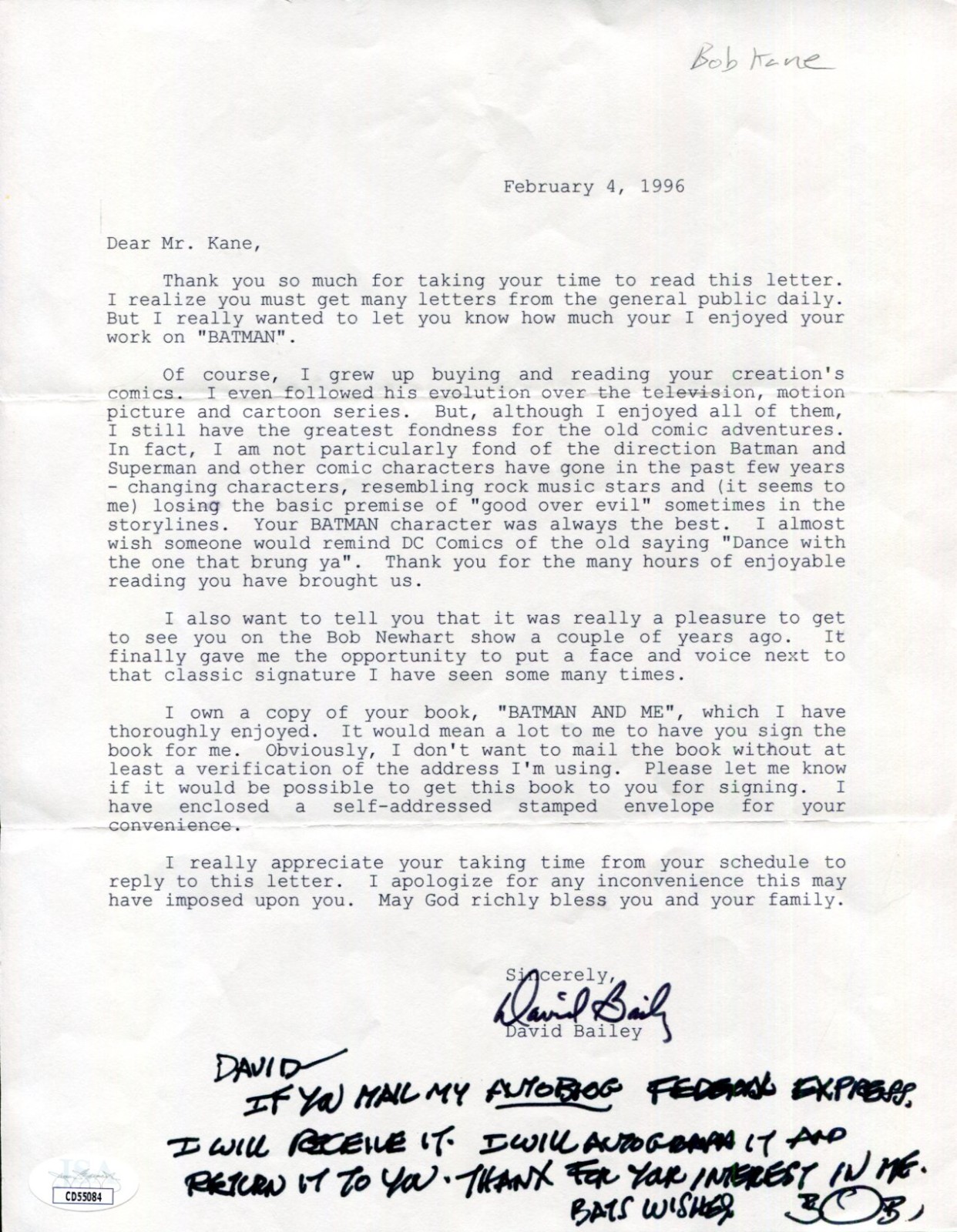 Bob Kane Batman Creator Comics Artist Cartoonist Signed Autograph Note ...