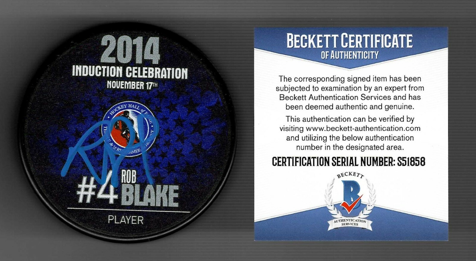 Rob Blake Signed Hockey Hall Of Fame Induction Puck Beckett COA Kings ...