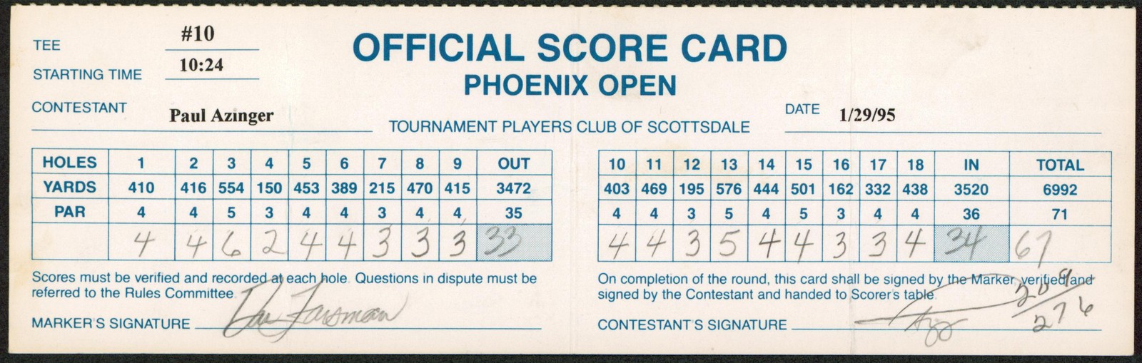 Paul Azinger & Dan Forsman Signed 1995 Phoenix Open Score Card BAS # ...