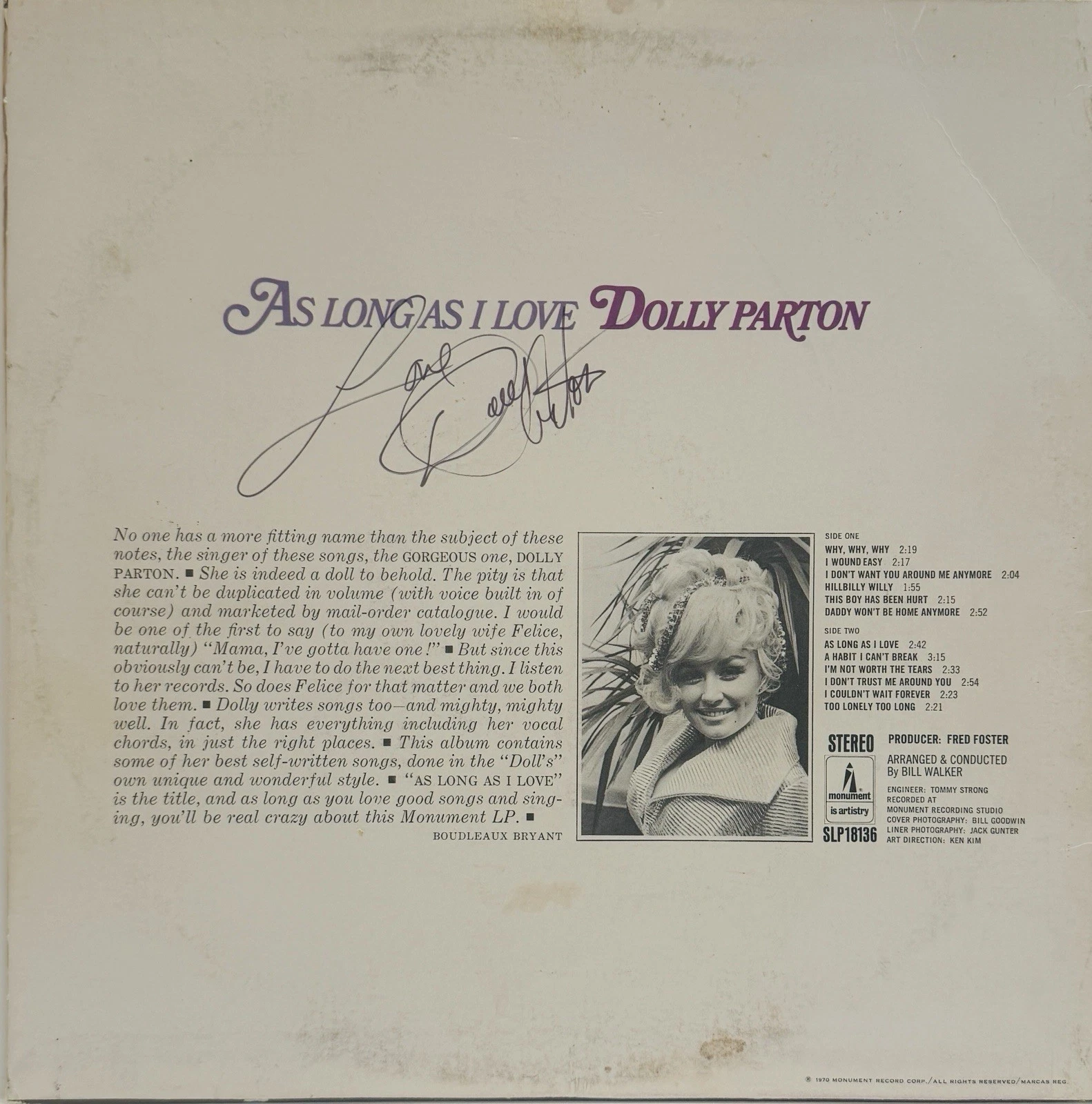 DOLLY PARTON Signed Autograph LP Cover "As Long As I Love" JSA LOA ...