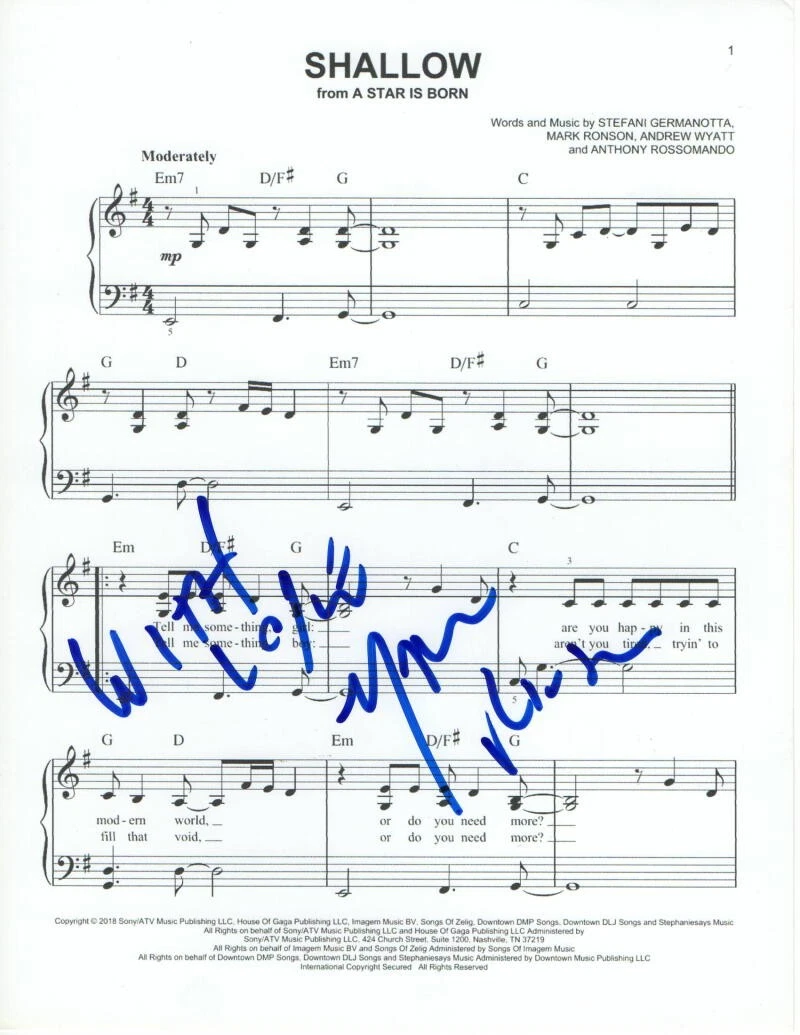 MARK RONSON SIGNED AUTOGRAPH "SHALLOW" SHEET MUSIC - A STAR IS BORN ...
