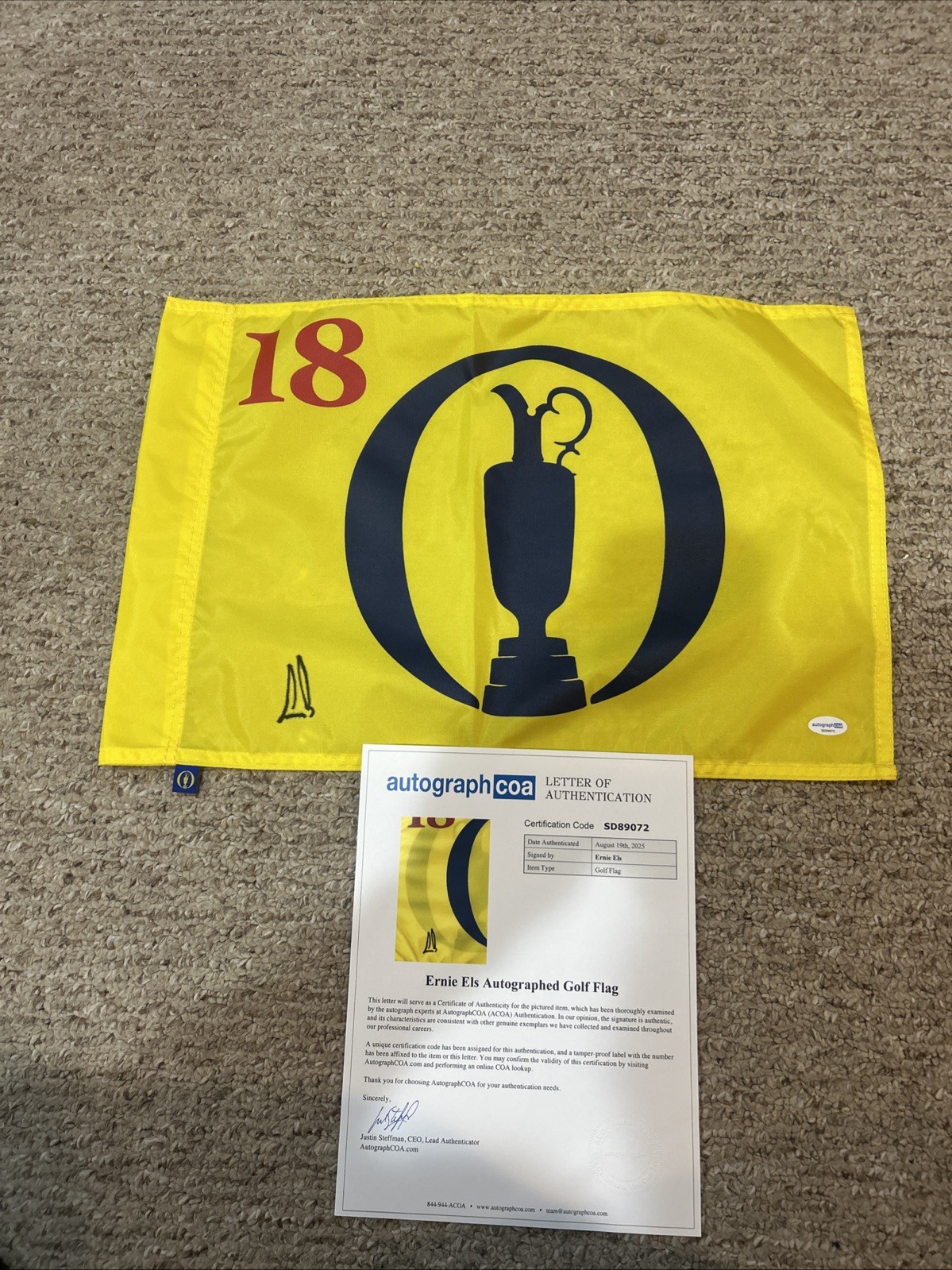 ERNIE ELS SIGNED AUTOGRAPH BRITISH OPEN PIN FLAG ACOA FULL LETTER COA ...