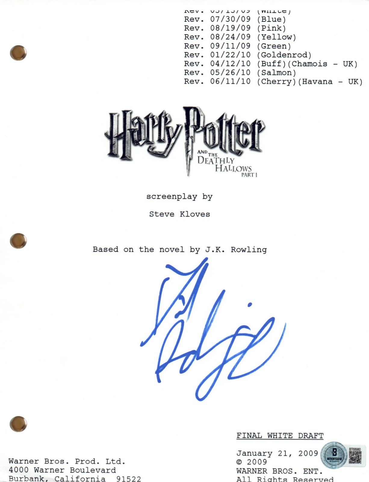 Daniel Radcliffe Signed Harry Potter Deathly Hallows Part 1 Movie ...