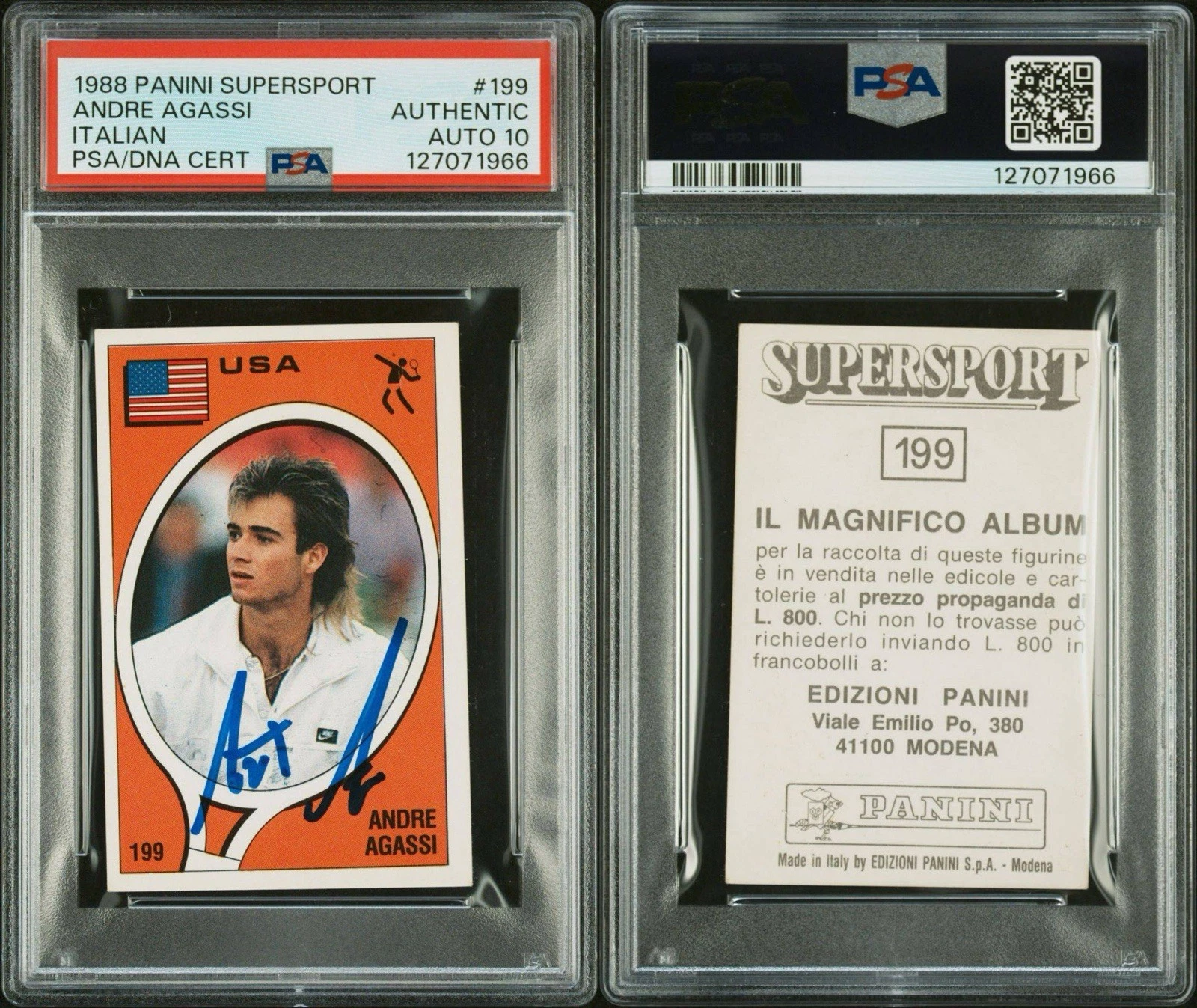 1988 Panini Supersport #199 Andre Agassi Signed Tennis Rookie PSA GEM ...