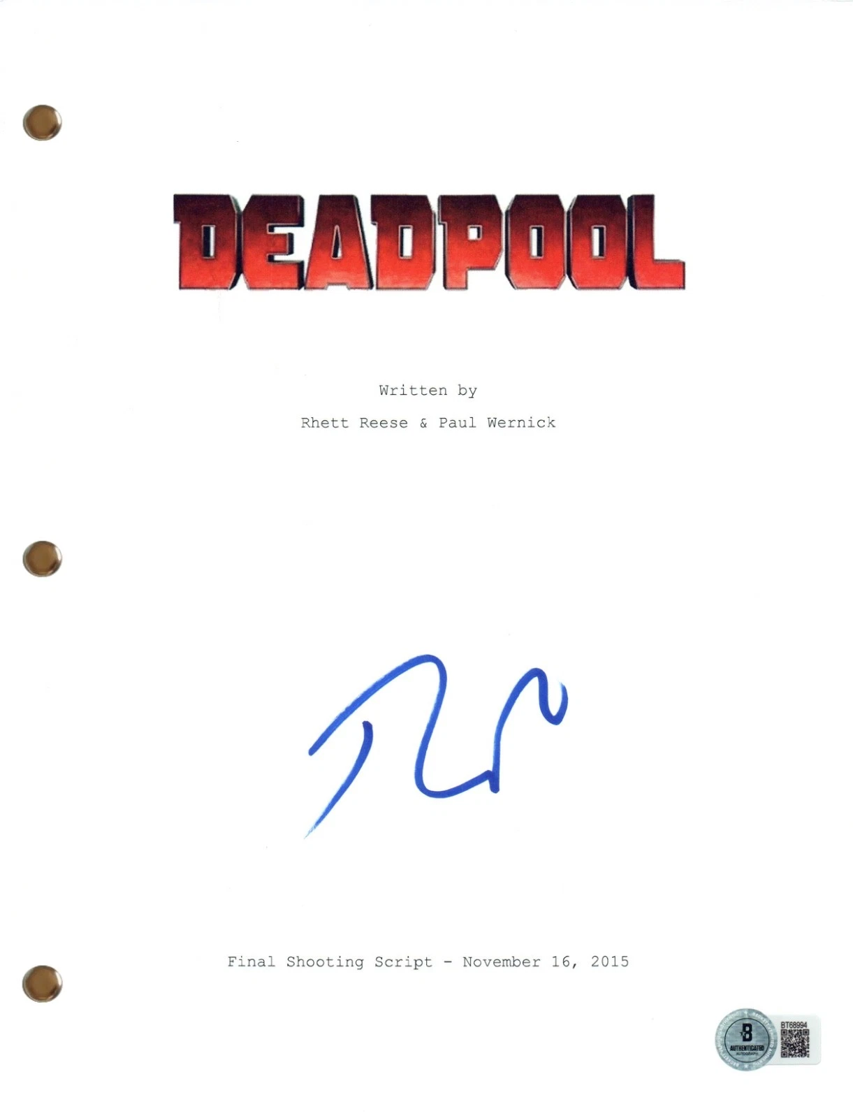 Ryan Reynolds "Deadpool" Signed Autograph Movie Script Screenplay ...