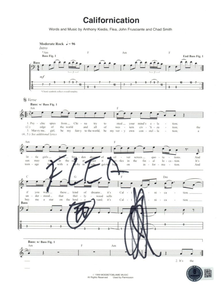 Red Hot Chili Peppers Signed Californication Sheet Music Frusciante ...