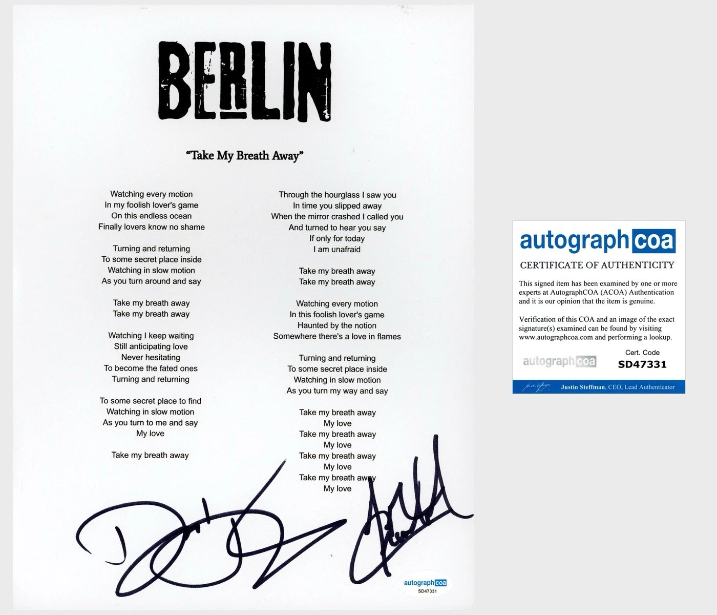 ‘John Crawford & David Diamond’ ‘Berlin’ Band Signed Lyric Sheet ACOA ...