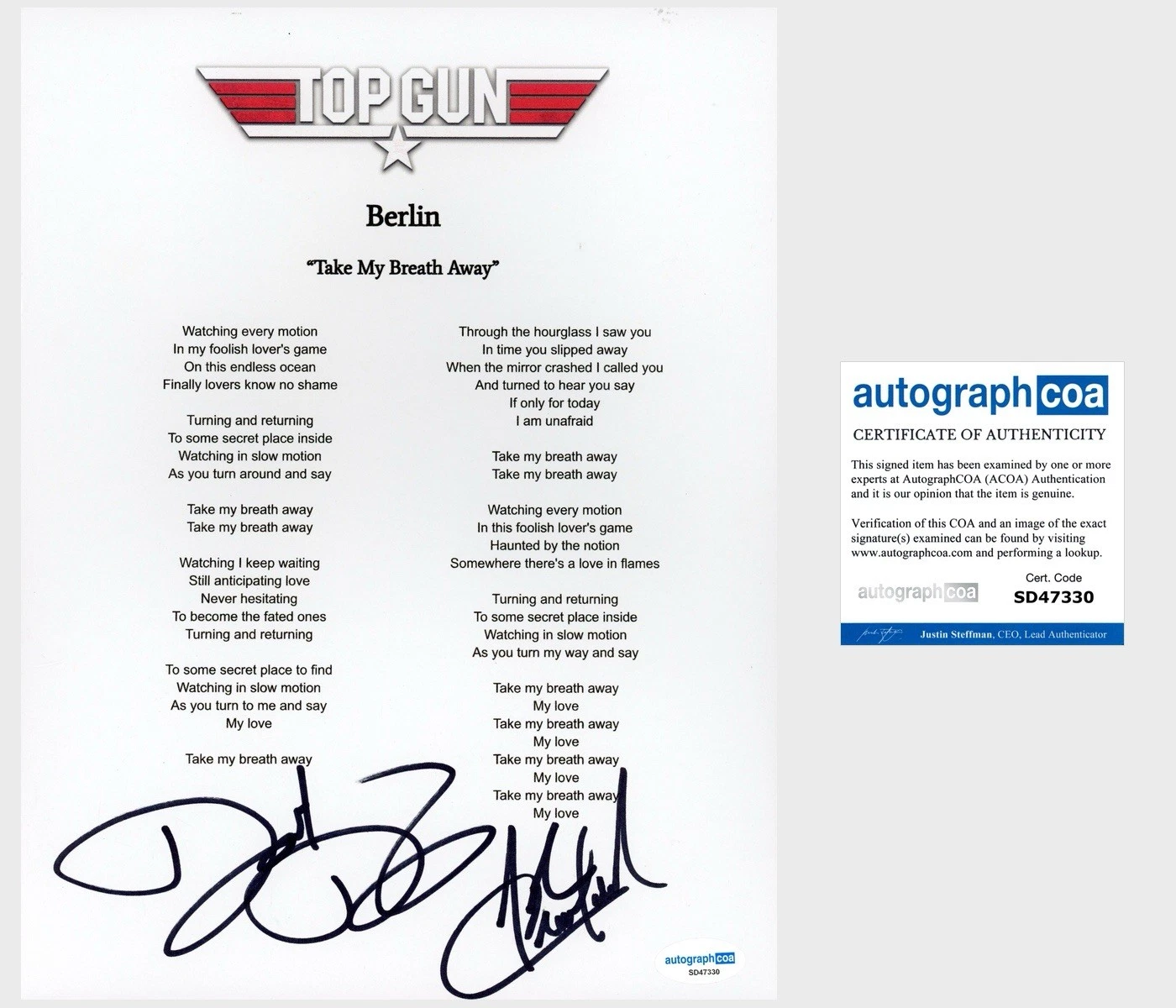 ‘John Crawford & David Diamond’ ‘Berlin’ Band Signed Lyric Sheet ACOA | Autographia