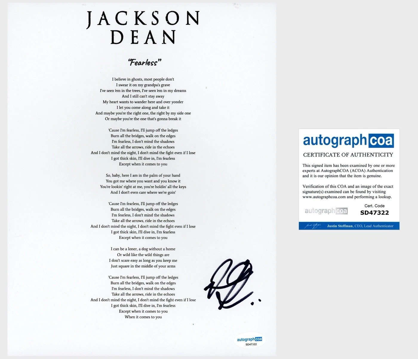 Jackson Dean ‘Fearless’ Country Singer Signed Lyric Sheet Music ACOA ...