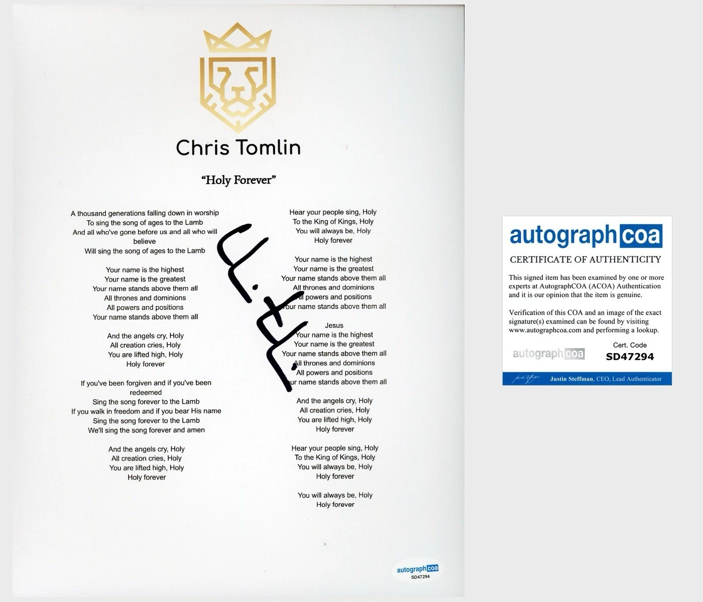 ‘Chris Tomlin’ Signed Lyric Sheet Christian Music Artist ‘Holy Forever ...