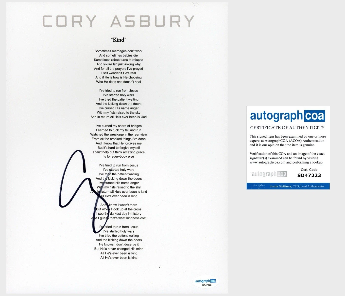 Cory Asbury ‘Kind’ Signed Lyric Sheet Christian Music ACOA | Autographia