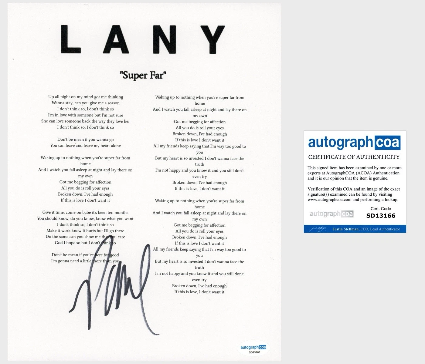 Paul Klein ‘LANY’ Signed Lyric Sheet Pop Band Lead Singer ‘Super Far ...