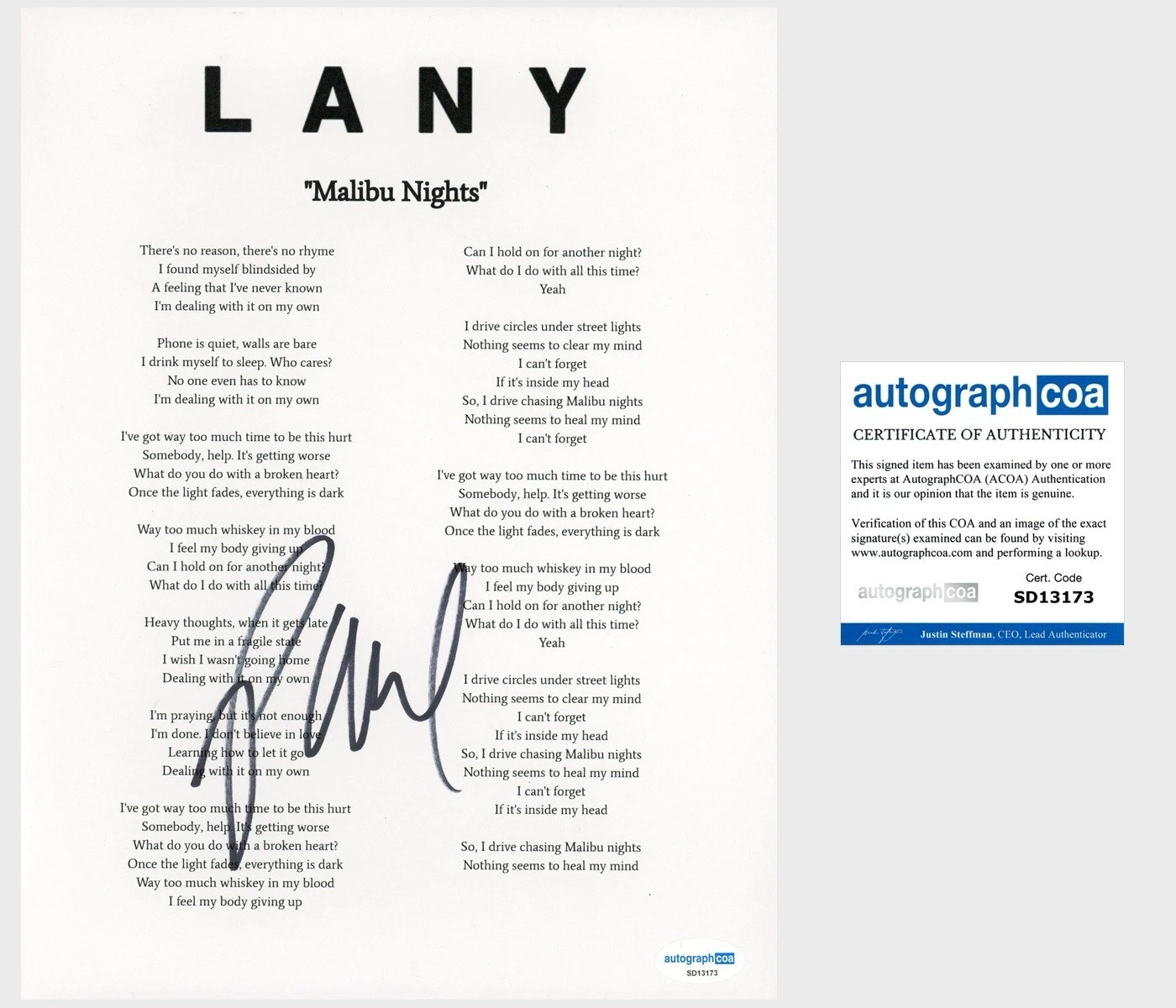 Paul Klein ‘LANY’ Signed Lyric Sheet Pop Band Lead Singer ‘Malibu ...