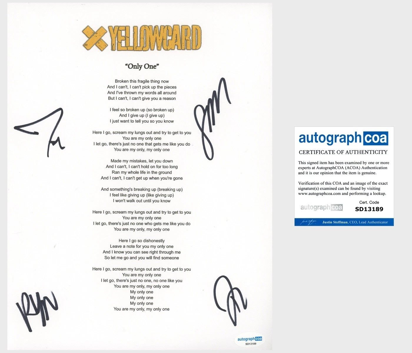 ‘Yellowcard’ Full Band Signed Lyric Sheet ‘Only One’ Ryan Key +3 ACOA ...