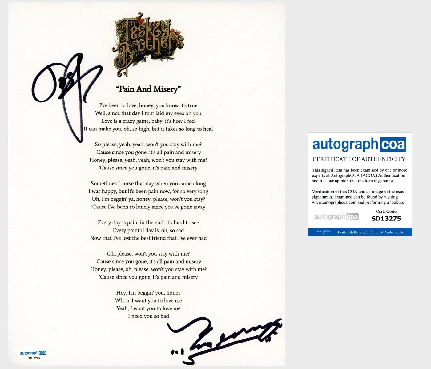 ‘The Teskey Brothers’ Band Duo Signed Lyric Sheet ‘Pain And Misery ...