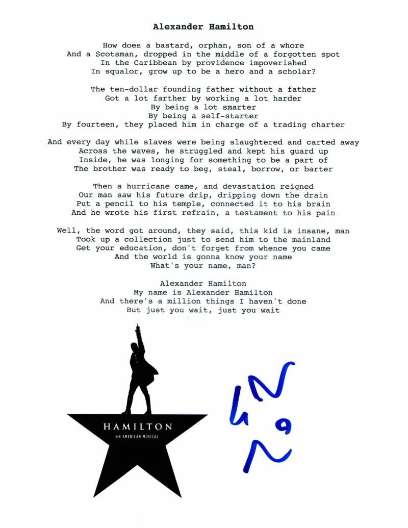 LIN-MANUEL MIRANDA SIGNED AUTOGRAPH ALEXANDER HAMILTON CUSTOM LYRIC ...