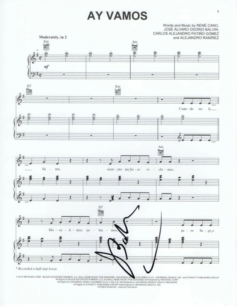 J BALVIN SIGNED AUTOGRAPH "AY VAMOS" SHEET MUSIC - SEXY LATIN SINGER ...