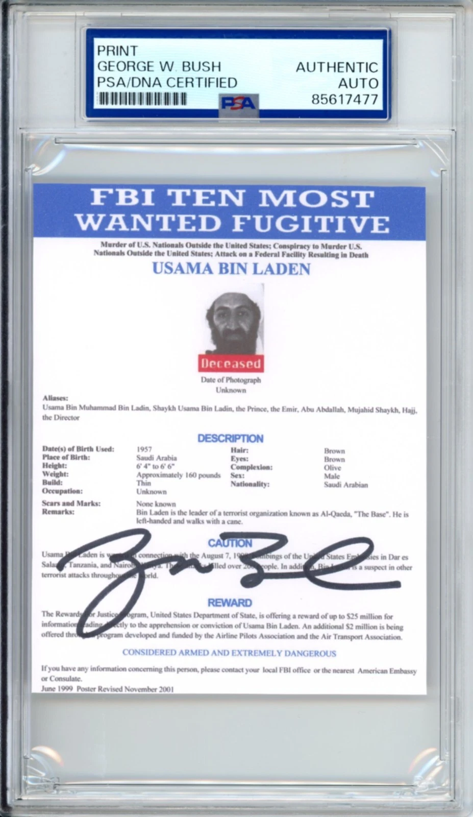 President George W Bush SIGNED AUTOGRAPH Osama Bin Laden Most Wanted ...
