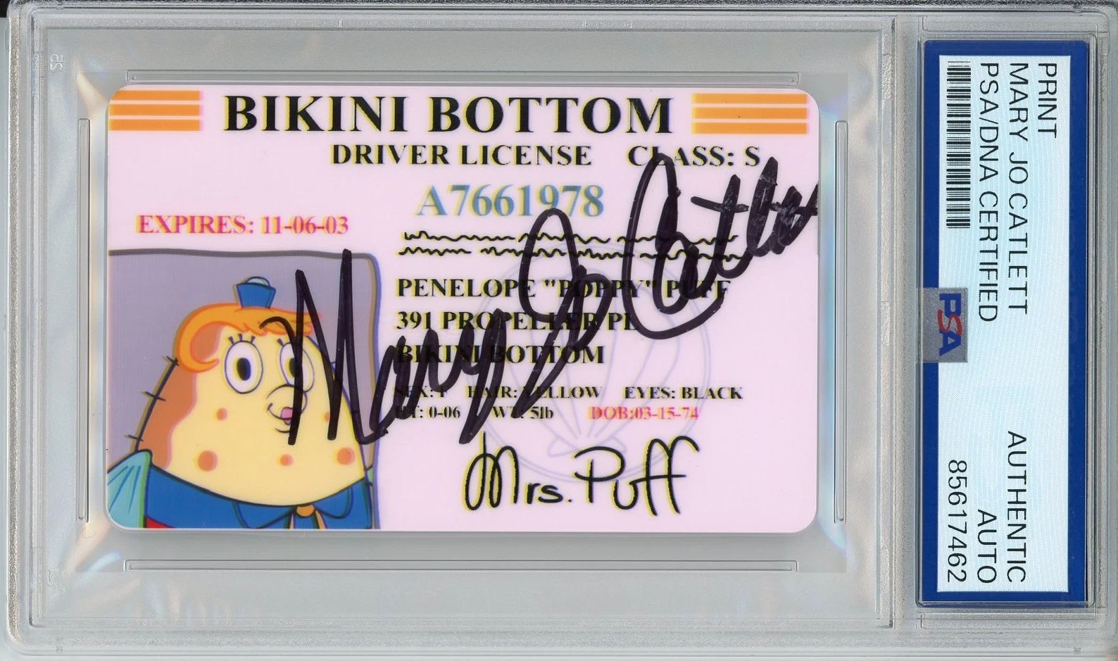 SPONGEBOB SQUAREPANT MRS PUFF DRIVERS LICENSE SIGNED MARY JO CATLETT ...