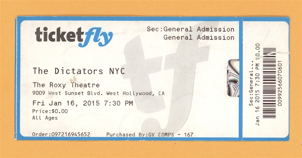 The Dictators @ Roxy Theatre Ticket Stub - 2015 US Tour | Autographia