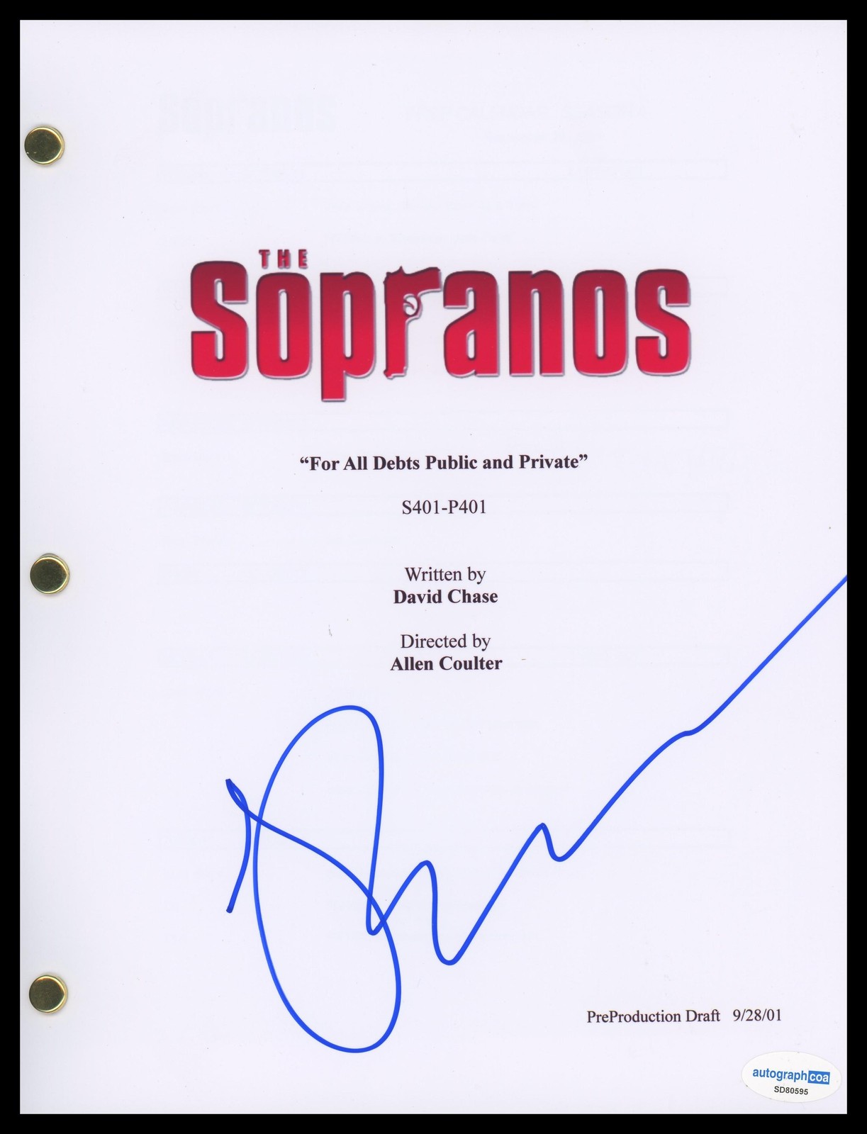 Lorraine Bracco "The Sopranos" SIGNED 'For All Debts Public and Private ...